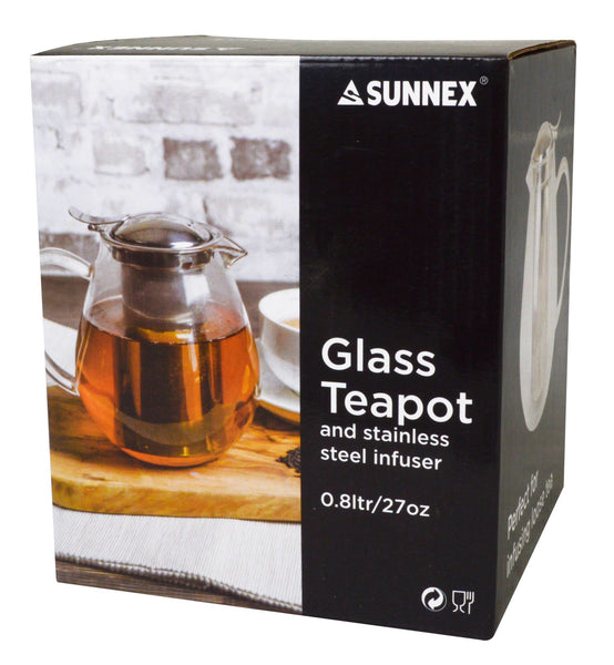 Sunnex Glass Teapot with Stainless Steel Strainer - 0.8 Litre 27oz ...