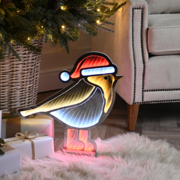 Festive Infinity Robin Light with Red Boots and Wooden Base - 40cm ...